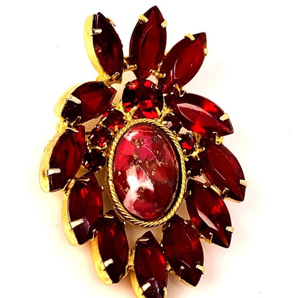 Jewelry | Brooch Red Rhinestones Marbled Cabochon Gold Tone Setting ...